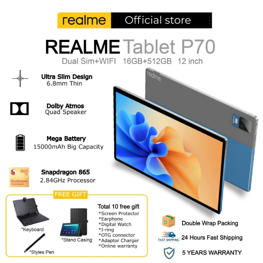 รับประกัน 5 ปี 5G Realme Pad P70 12 นิ้ว Android 12.0 [16GB RAM + 512GB ROM] tablet realme pad ...