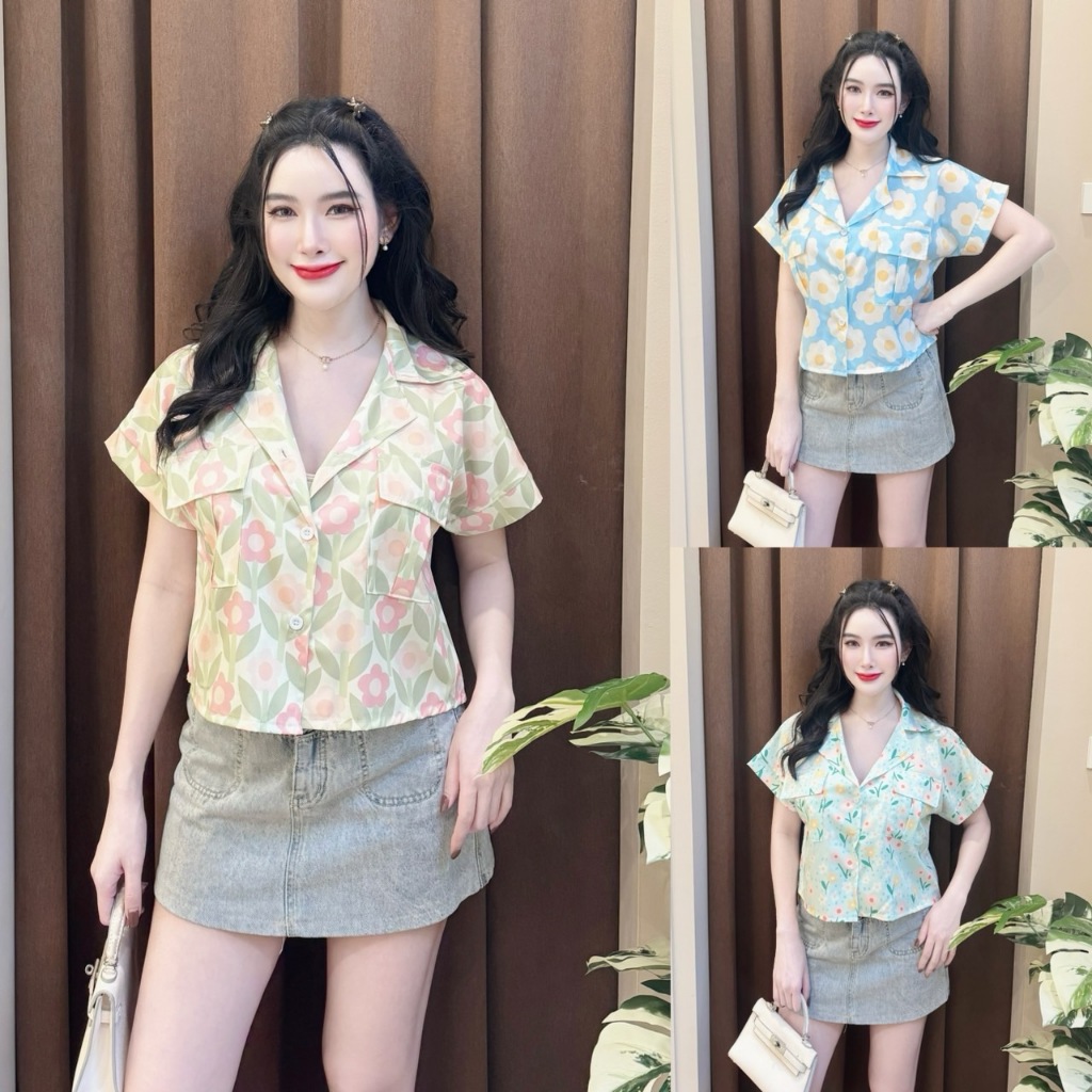 พร้อมส่ง (เฉพาะเสื้อ) เสื้อเชิ้ต แขนเบิ้น ผ้าไหมอิตาลี ลายดอก กระเป๋า ...