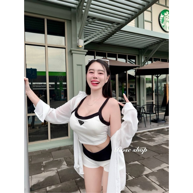 Phapassz - ชุดเซท 3 ชิ้น สายเดี่ยวเกาะอกติดอะไหล่ กางเกงขาสั้น พอดีตัว มาพร้อมเสื้อคลุม เป้ะปัง ...