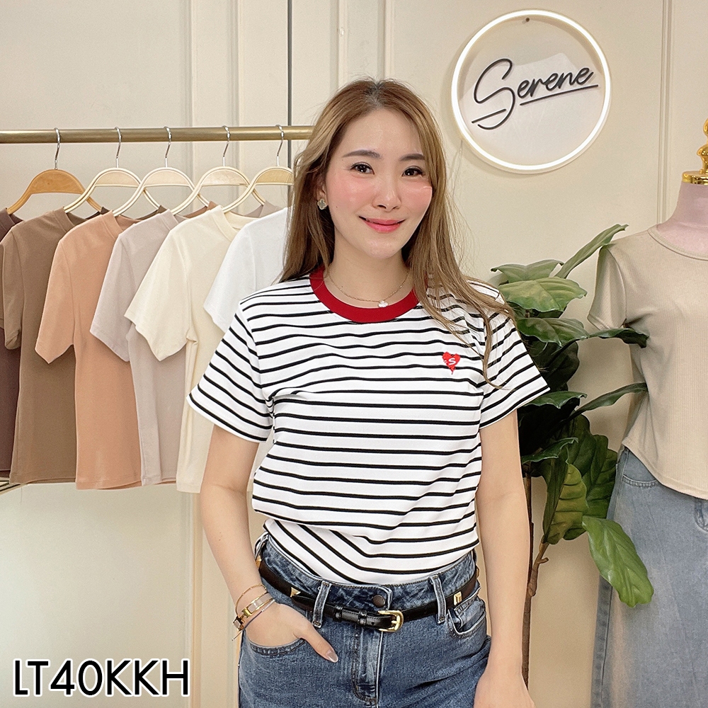 Serene's Choice เสื้อคอกลมแขนสั้น ผ้าลายทาง ปักหัวใจ Short Sleeves T-Shirt Striped fabric, two ...