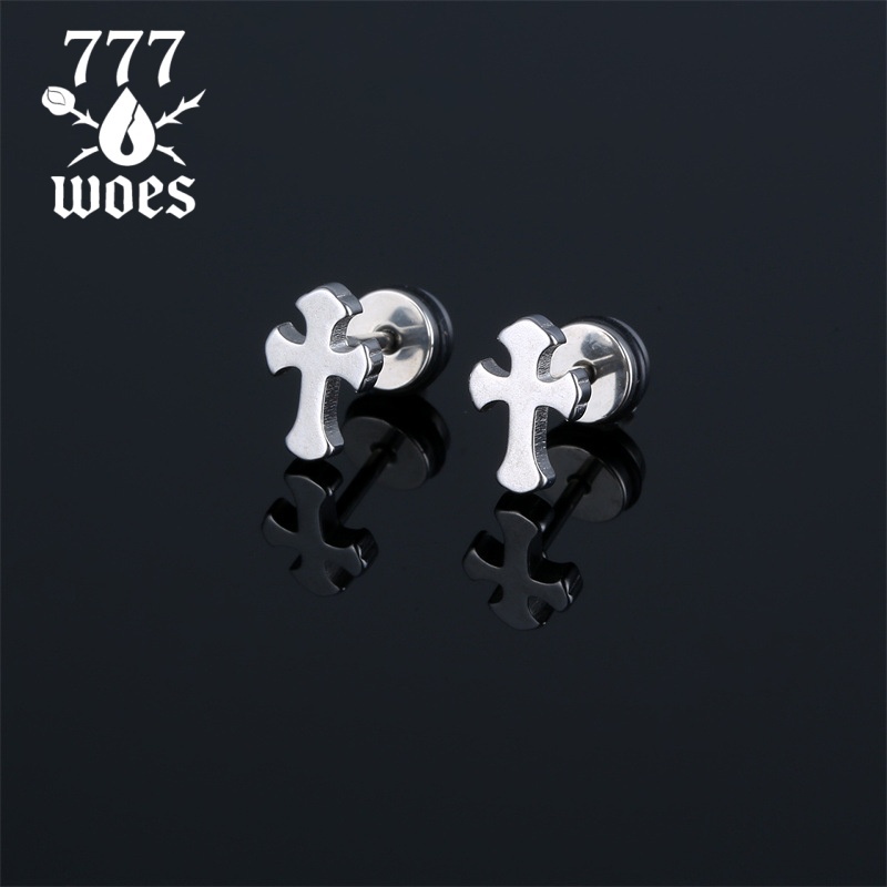 777WOES ต่างหู/ต่างหูกระดูกอ่อน ไม้กางเขน สีเงิน สีทอง สีดำ แกนหนา1.2mm ...