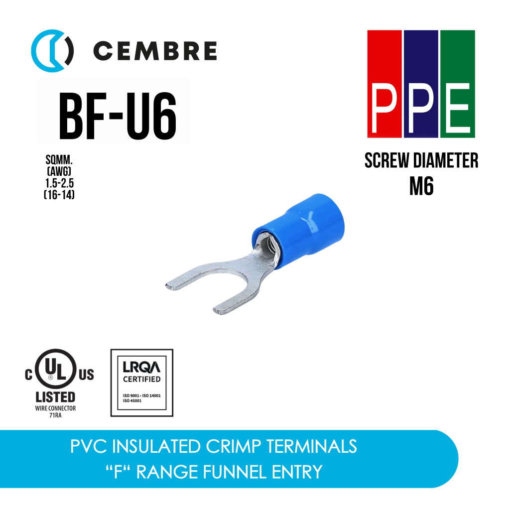BF-U6 [Cembre] หางปลาหุ้มฉนวน แบบแฉก 2.5 Sqmm. รูน๊อต M6 Insulated Fork ...