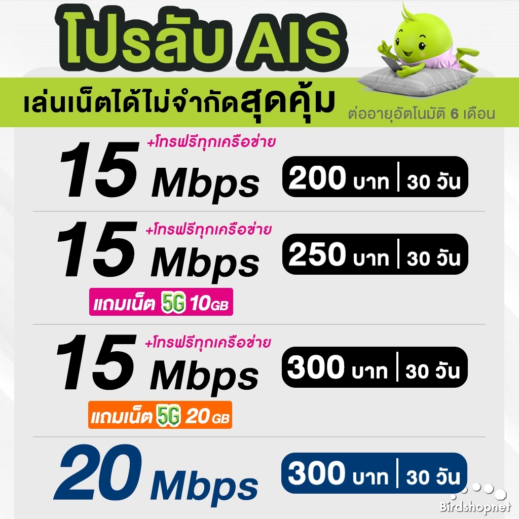 ซิมเอไอเอส AIS 15 - 20 Mbps ไม่ลดสปีด ไม่อั้น เน็ตเร็วแรง โทรฟรีทุกเครือข่าย (จำกัดทั้งร้าน 1 ...