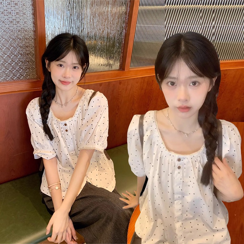 ohho w422 เสื้อเชิ้ตน่ารัก แขนสั้น เสื้อลูกไม้ลายจุดหวานลดวัย แขนพัฟ แฟชั่นเกาหลีลำลอง | Shopee ...