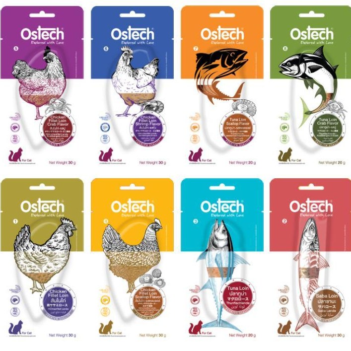 Ostech ขนมแมวแบบชิ้น ปลาชิ้น 20g.*12 ซอง - ไก่ชิ้น30g.*8ซอง กรัม ยกโหล ...