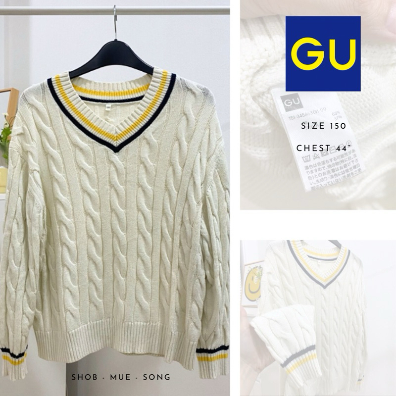 GU สเวตเตอร์ sweater ไหมพรม ถัก เปีย เสื้อกันหนาว คอวี สีครีม มือสอง ...