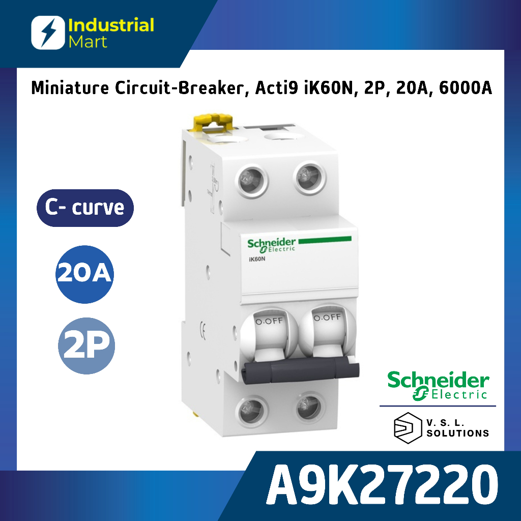 Schneider Electric A9K27220 Miniature circuit breaker, Acti9 iK60N, 2P, 20A, C curve, 6000 A ...