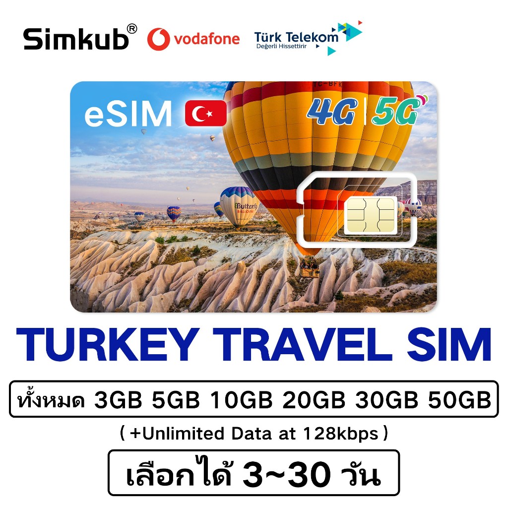 eSIM TURKEY ซิมท่องเที่ยวตุรกี 4G/5G เต็มสปีด อินเตอร์เนต ทั้งหมด 3GB-50GB เลือกได้ 3-30วัน ...