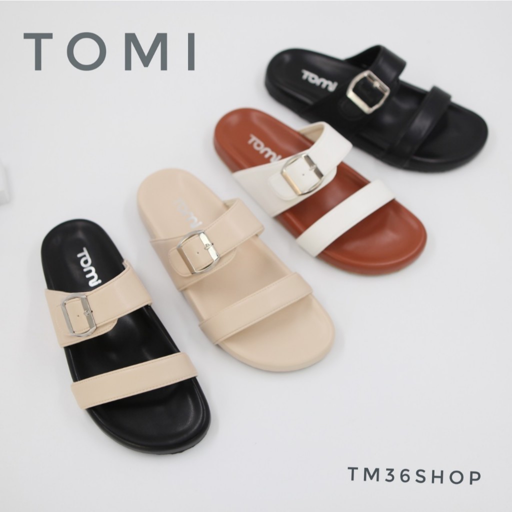 [ TOMi ] (36-44) รองเท้าแตะ รุ่นสายคาดคู่ พื้นนุ่มใส่สบาย สายพียูหนัง ...