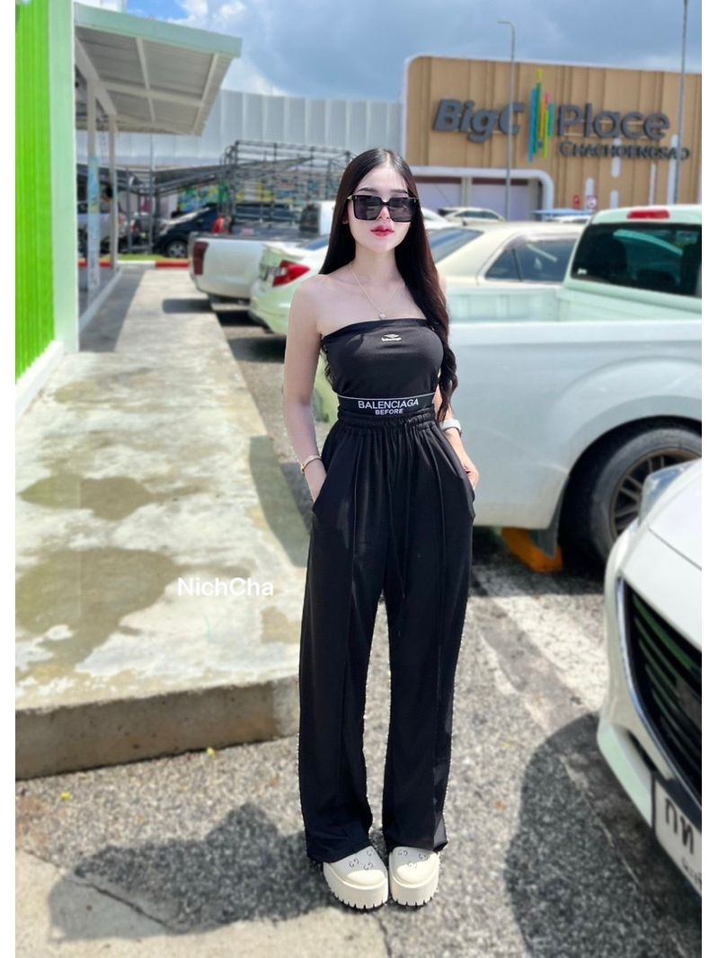 Nicha Set2ชิ้น เกาะอกแต่งอะไหล่ยาง เท่สุด ทรงฮิตๆ กางเกงขายาวเอวสูงปรี๊ดตีเกร็ตหน้า | Shopee ...