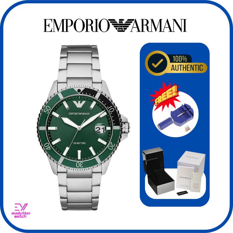 นาฬิกาข้อมือผู้ชาย EMPORIO ARMANI รุ่น AR11338 Three Hand Green Dial Silver Steel Strap ของแท้ ...