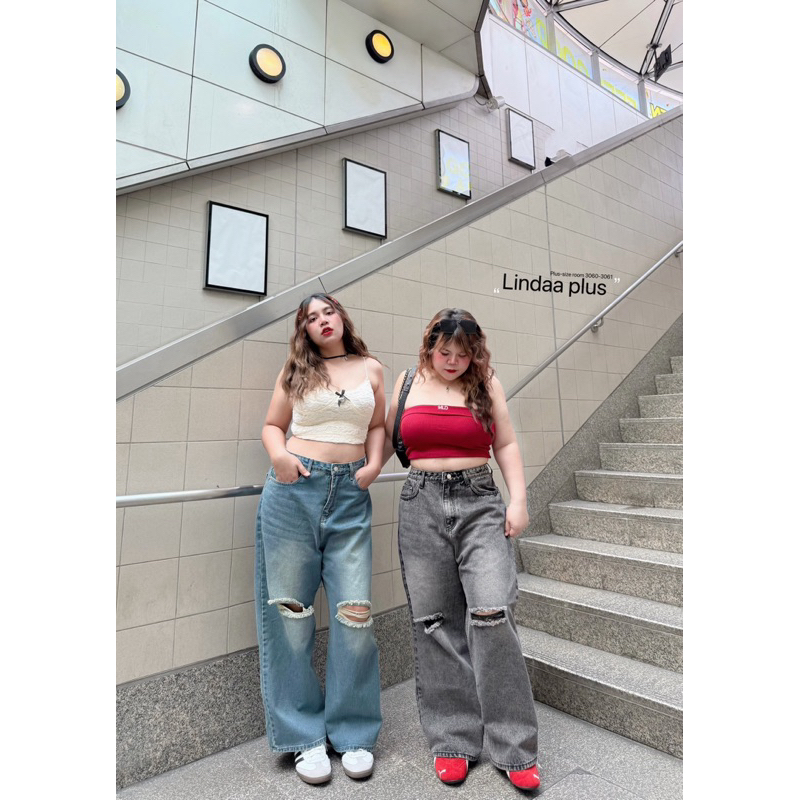 กางเกงยีนส์ขากระบอกใหญ่ ขาดเข่า รุ่น Ripped งานป้าย Lindaa plus+ ...