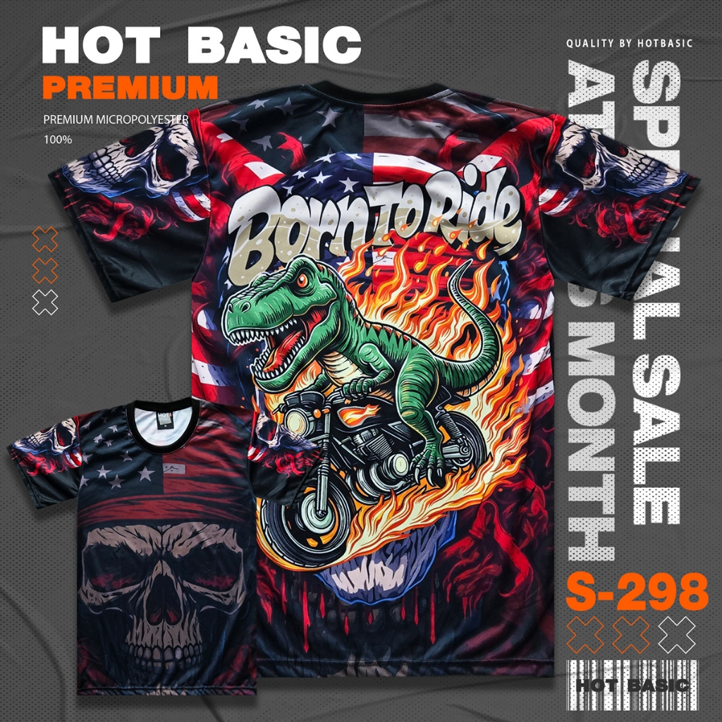 HotBasic เสื้อยืดพิมพ์ลายผ้าไมโคร นุ่มสวมใส่สบายแห้งเร็วไม่ต้องรีด ลายไดโนเสาขี่มอไซ [S298 ...