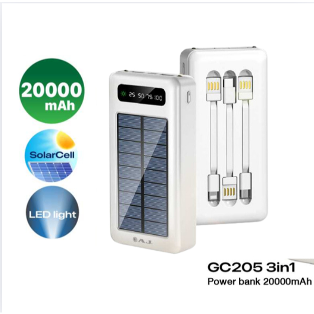 AJ (Power Bank) 20000mah GC205 3in1 WHITE มีแผงโซล่า ชาร์จ 2เครื่อง ...