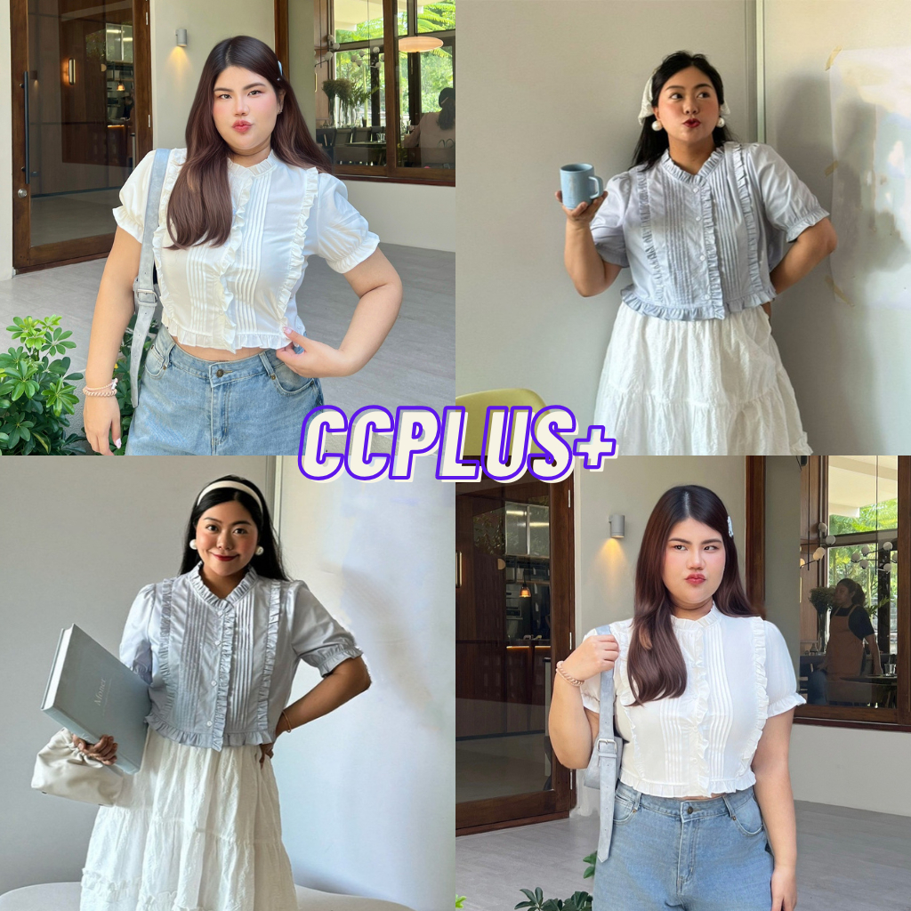CiCi Plus+(3345) เสื้อแขนสั้นแต่งระบายขอบสไตล์เกาหลี เหมาะสำหรับสาวพลัสไซส์ | Shopee Thailand