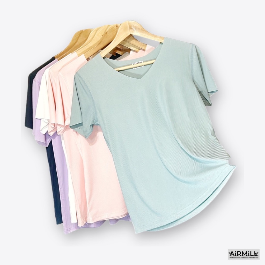 AIRMILL® เสื้อยืดคอวีผู้หญิง นุ่ม เด้ง เย็น ไม่ยับง่ายๆ ไม่ต้องรีด ระบายอากาศ แห้งไว Anti ...
