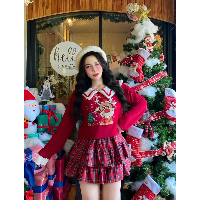 ชุดเชต2ชิ้นเสื้อแขนยาวลาย Christmas+กระโปรงขนมชั้นมีชับใน | Shopee Thailand