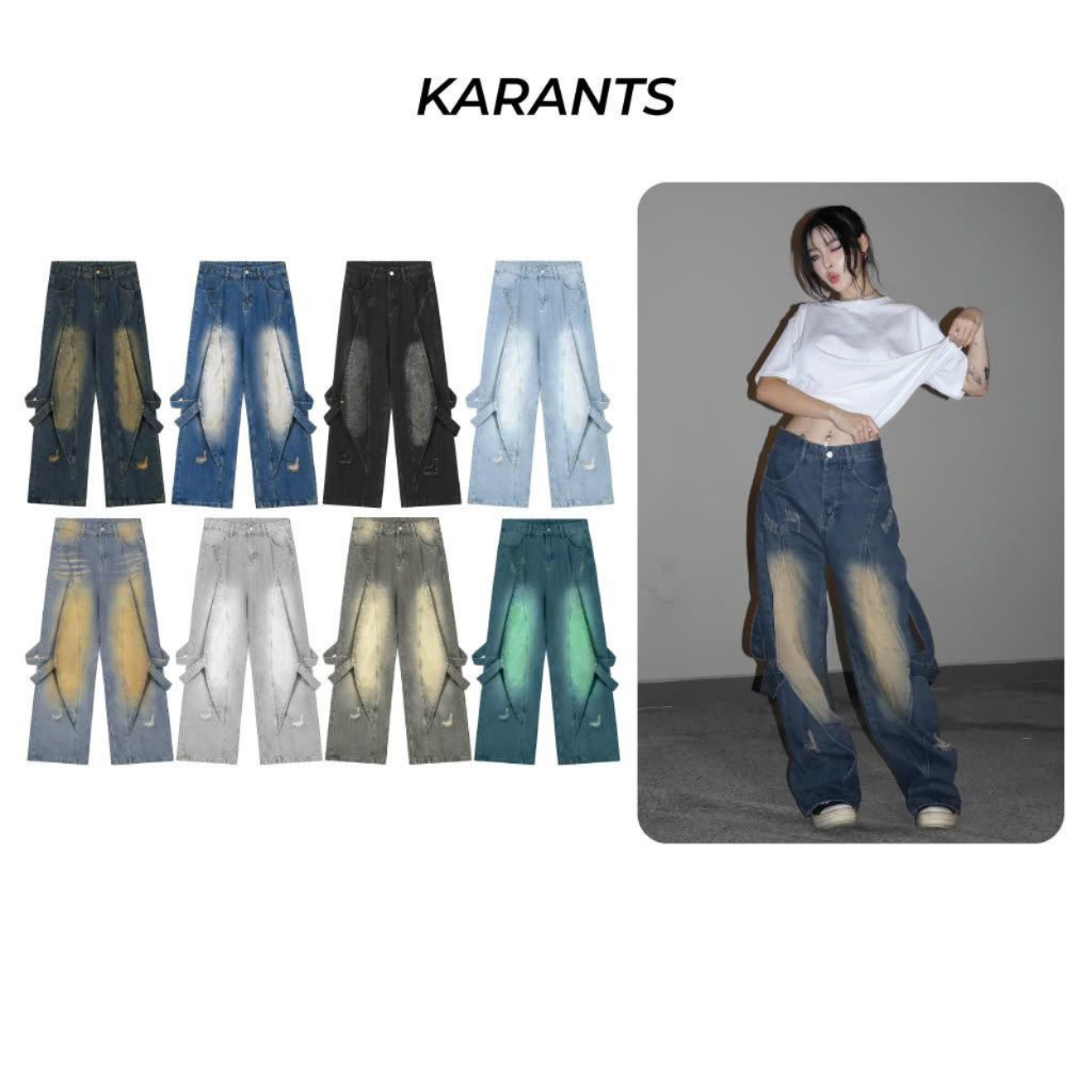 Karants แบรนด์นานาชาติ กางเกงยีนส์ตกแต่งสาย Y2K ขากว้าง KQ16 Streetwear ...