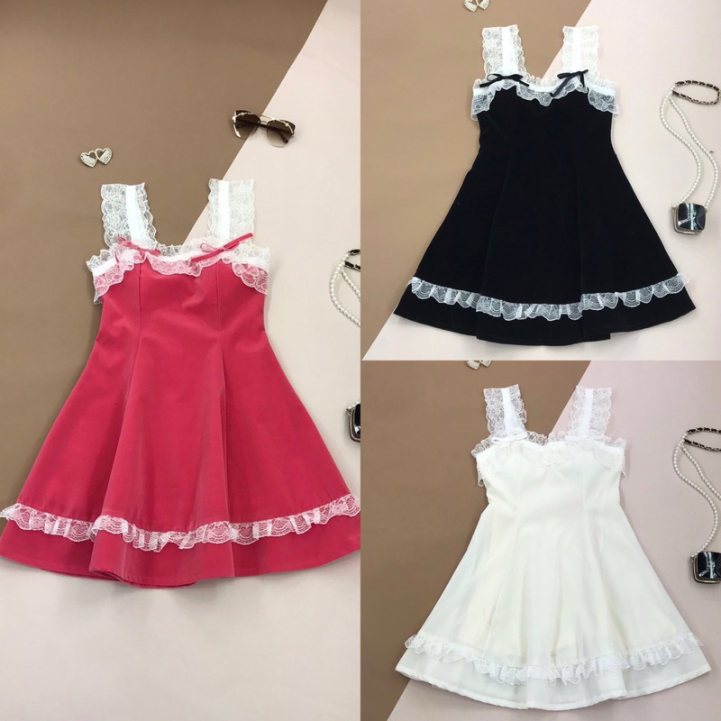 [ELSA] Y084 ชุดเดรสกระโปรงแขนแต่งลูกไม้ผ้ากำมะหยี่แต่งโบว์เรียบหรูดูแพง ...