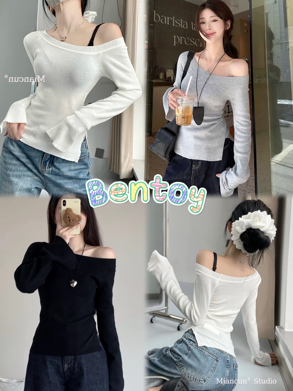 Bentoy(E114)เสื้อไหมพรมแขนยาว สีพื้น ปาดไหล่ข้างเดียว ผ้านิ่มยืดตามตัว ทรงสวยพรางหุ่น | Shopee ...