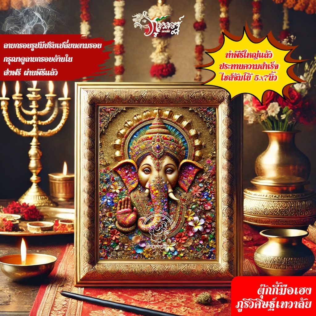 พระพิฆเนศ รูปพระพิฆเนศ no.1 กรอบทอง 5x7 นิ้ว ผ่านพิธีใหญ่ บูชาแล้ว ...