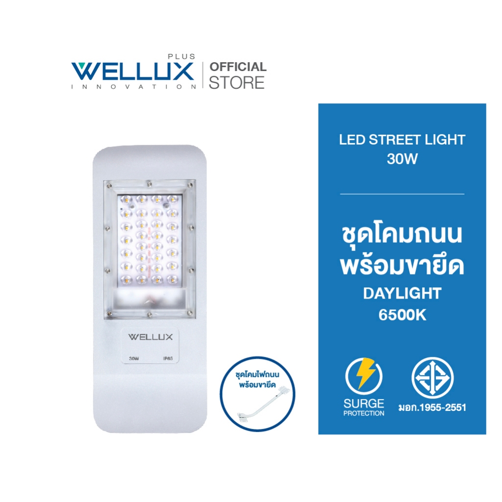 WELLUX โคมไฟถนน 30W แสงขาว พร้อมกิ่งขาและอุปกรณ์ติดตั้งครบชุด LED ...