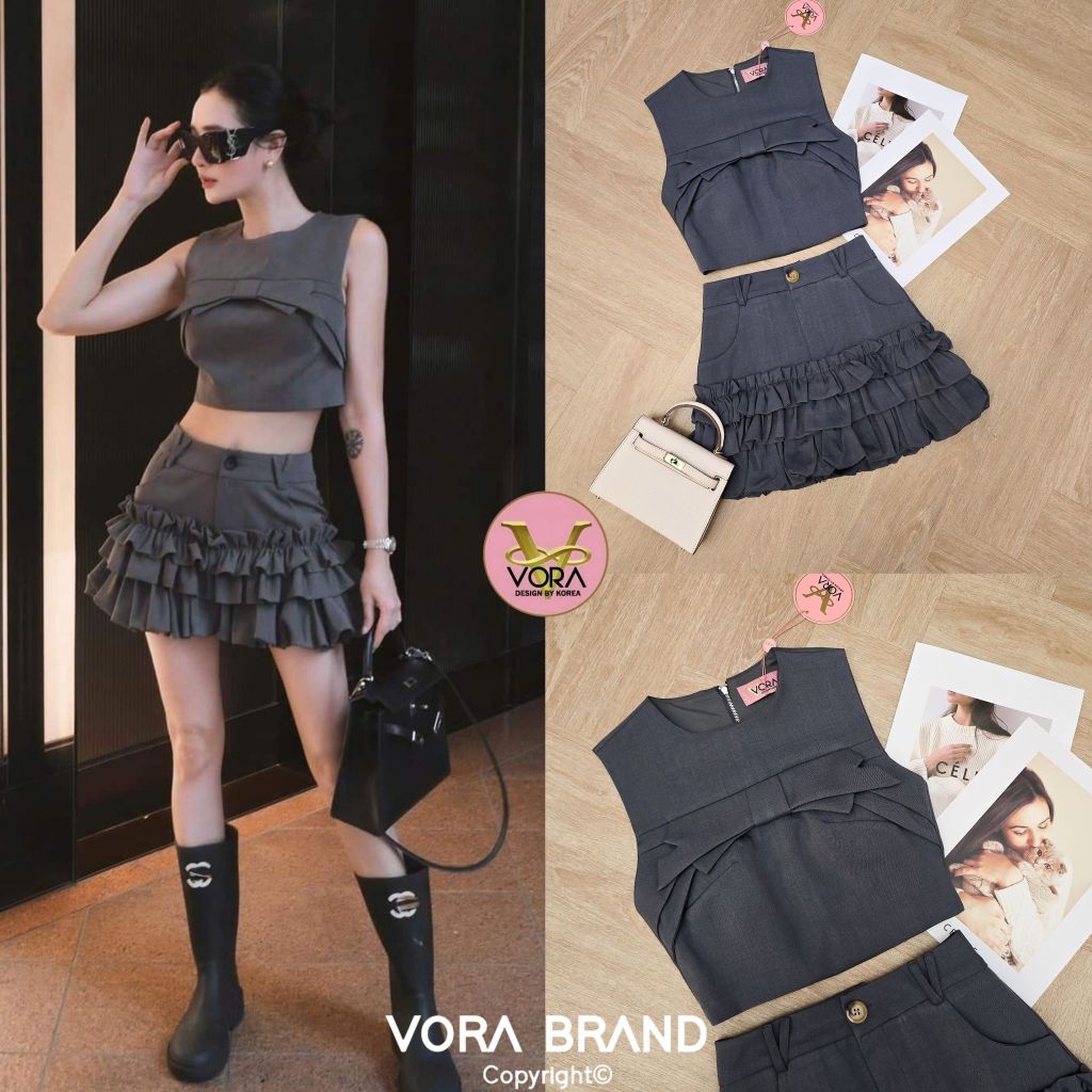 VORA Set เสื้อครอปแขนกุด แต่งโบว์ช่วงอก (*สอบถามสต๊อกก่อนกดสั่งน๊า) | Shopee Thailand