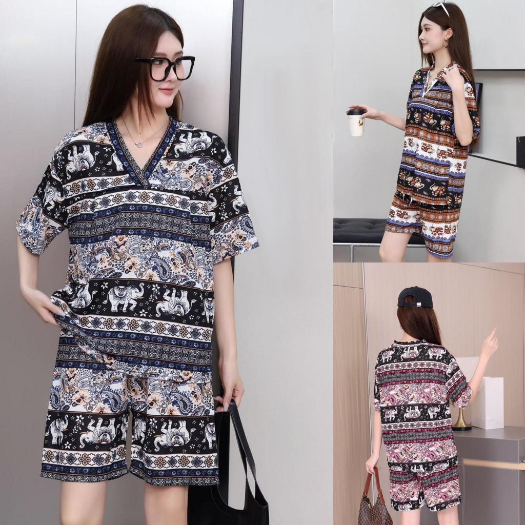 ชุดเซ็ท ผู้หญิง เสื้อคอวี แขนสั้น กางเกงขาสั้น พิมพ์ลายช้าง เนื้อผ้าหนังไก่ c2025# | Shopee Thailand