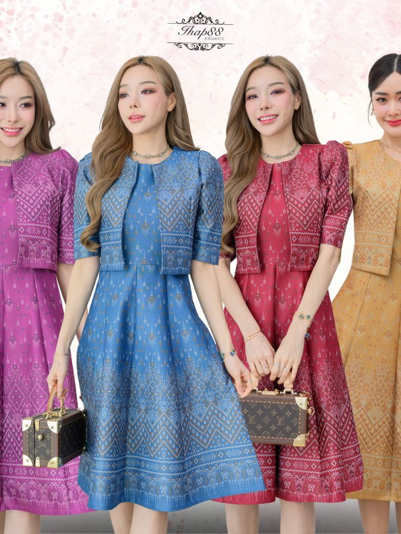 BS04 ชุดเดรส 2 ชิ้น (เสื้อกั๊ก+เดรส) ยาว 41 นิ้ว ผ้าไหมญี่ปุ่นพิมพ์ลาย ใส่ออกงาน ใส่ทำงาน ihap88 ...