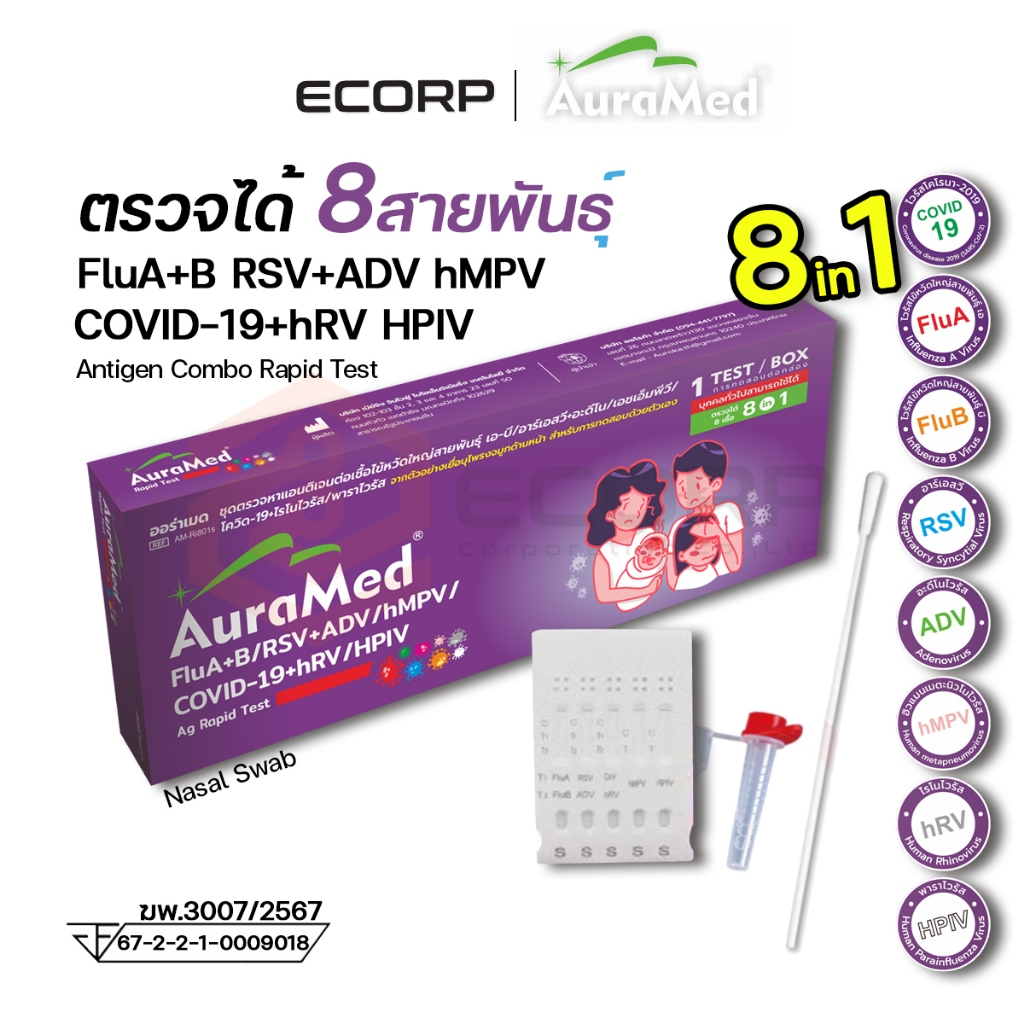 ชุดตรวจเชื้อ 10 สายพันธุ์ ออร่าเมด Auramed FluA+B,RSV,ADV,MP,hMPV,COVID-19,hRV,HPIV,BoV Ag ...