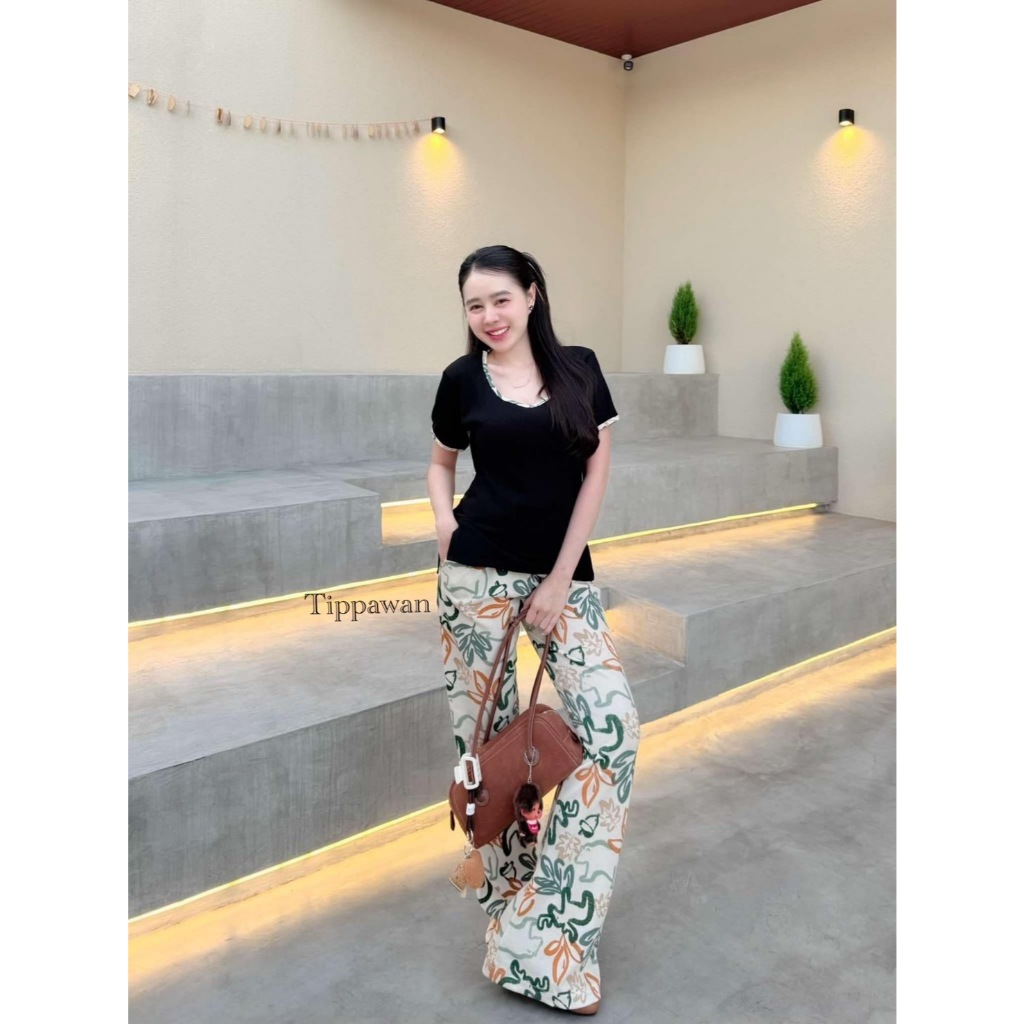 TIPPAWAN Set คอยูกุ้นขอบทั้งตัว มาพร้อมขายาวให้ลุคแบบสบายๆ ดูดีแบบชุดเดียวจบ | Shopee Thailand