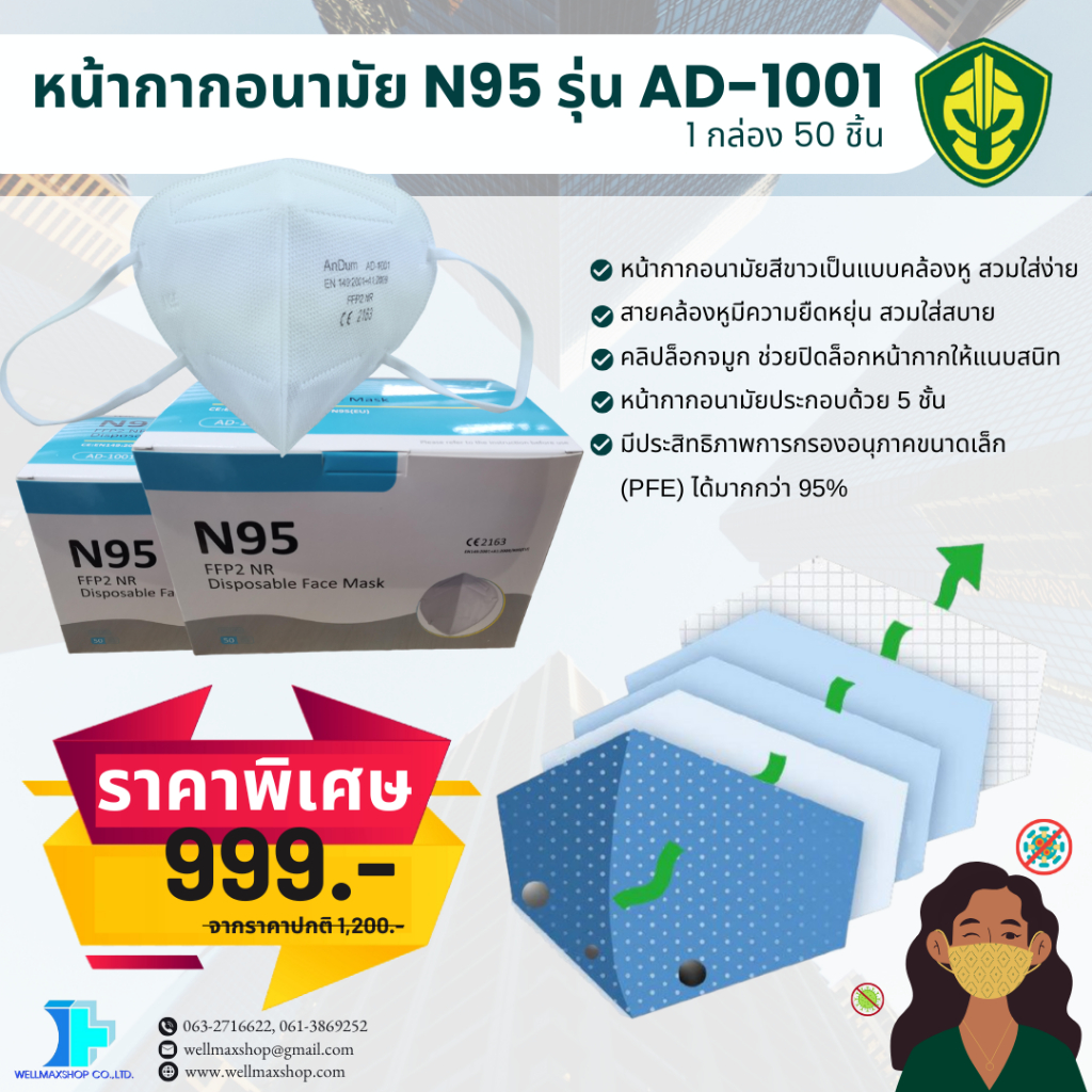 5แถม1คุ้ม! หน้ากากอนามัย N95 รุ่น AD-1001 (1 แพ็คมีจำนวน 50 ชิ้น ...