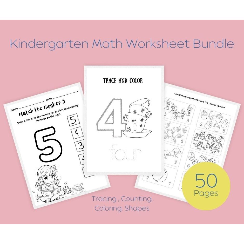 Kindergarten Math Worksheet Bundle : Tracing , Counting, Coloring ...