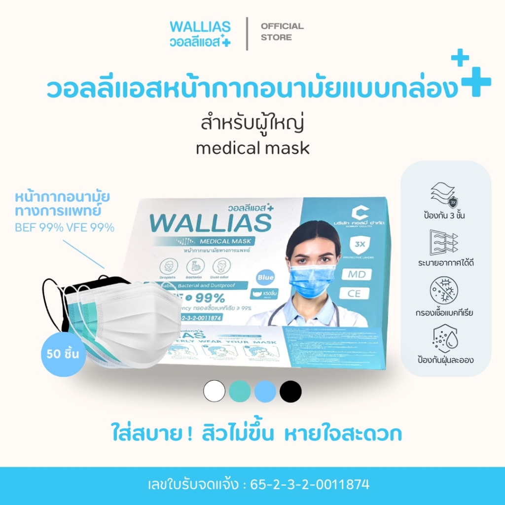 Wallias หน้ากากอนามัย [แบบกล่อง 50 ชิ้น] BFE>99% หน้ากากอนามัยทางการแพทย์ 3ชั้น Wallias วอลลิแอส ...