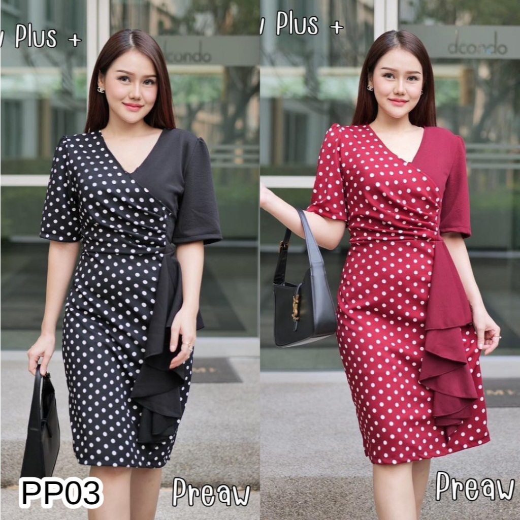 รหัสPP03(ลายจุด) เดรสออกงาน เดราสลายจุด เดรสพรางหุ่น เดรสฟรีไซส์ ชุดออก ...