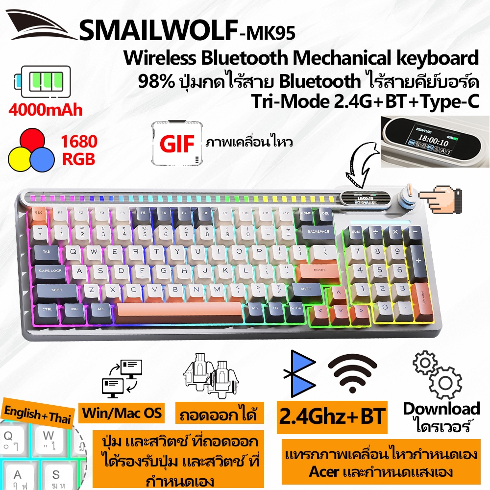 SMAILWOLF-MK98 อุปกรณ์บลูทูธไร้สายคีย์บอร์ด Wireless Mechanical keyboard Tri-Mode HOT-SWAP TTF ...