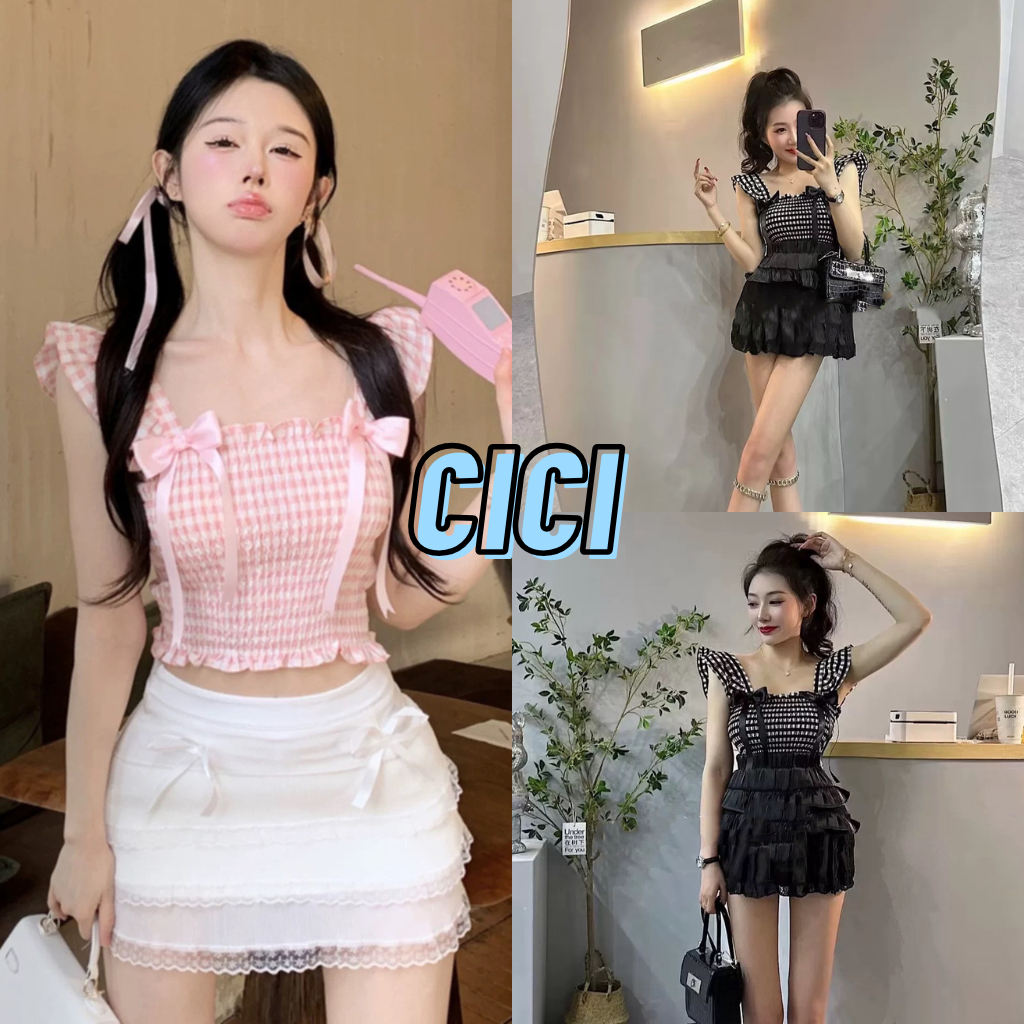 Cici(NO.K016) เสื้อสายเดี่ยวลายตารางสม็อครอบตัว ปักโบว์น่ารักCute สไตล์เกาหลี | Shopee Thailand