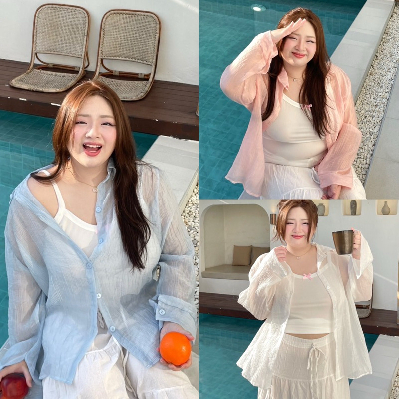 Set2ชิ้น เสื้อเชิ้ต+สายเดี่ยว ชุดเซ็ตสาวอวบ อก 38-50นิ้ว Freesize | Shopee Thailand