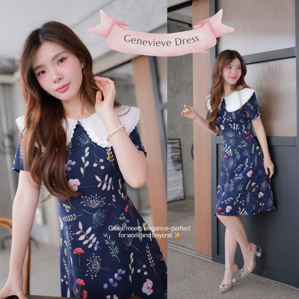 Romi"Oil" Romi"Oil" Genevieve Dress (Navy) J206 ชุดเดรสสีกรม(คอบัวแต่งลูกไม้)J206 ชุดเดรสสีกรม ...