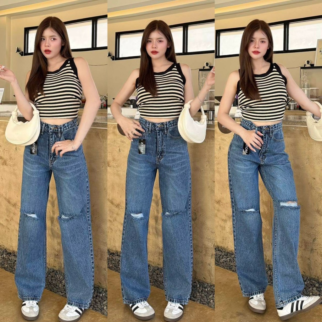 ATOM jeans กางเกงยีนส์ ทรงกระบอก แต่งขาดเข่า แต่งสะกิดเป๋าหลัง สีสโนว์ ...
