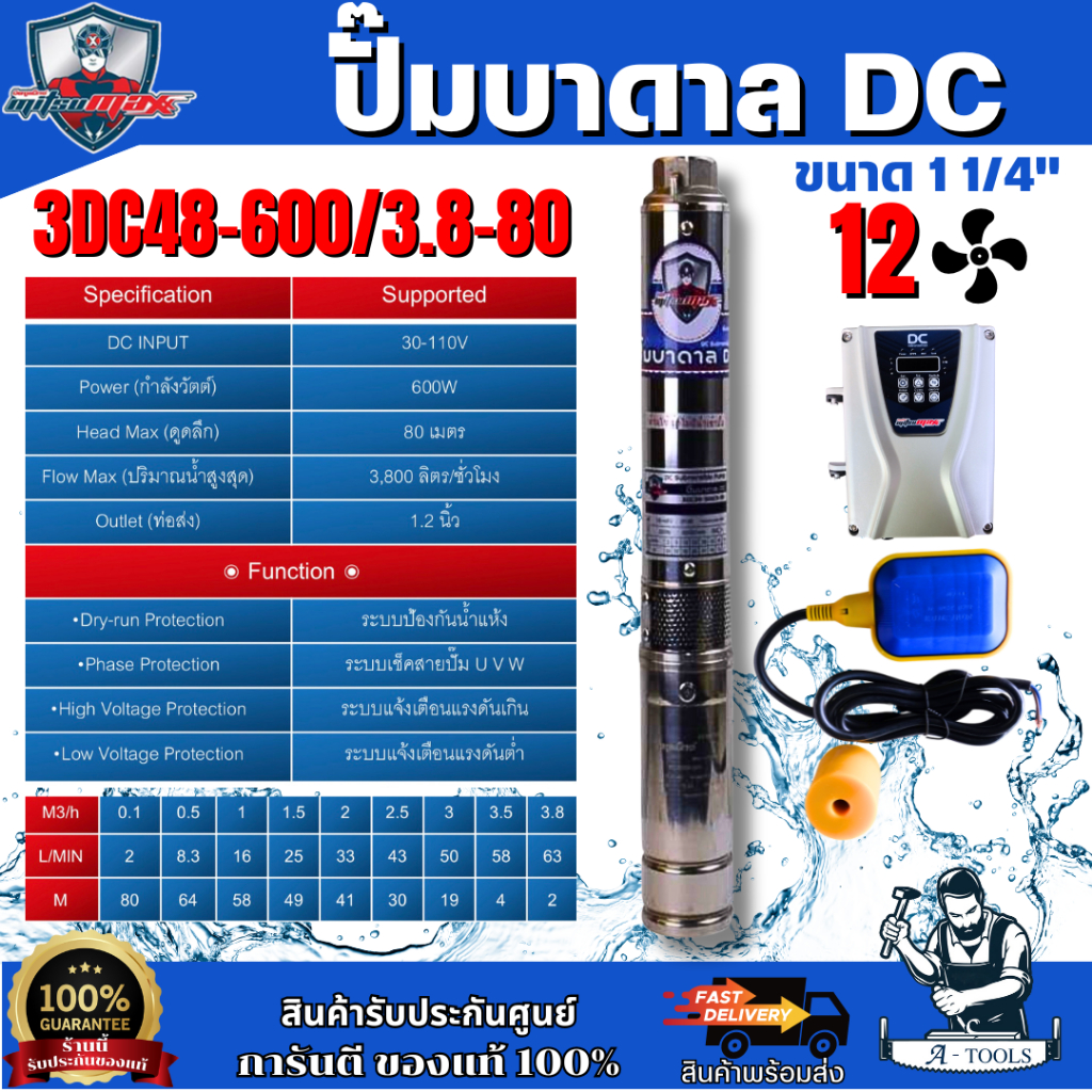 MITSUMAX ปั๊มบาดาล DC มิตซูแม็กซ์ รุ่น 3DC48-600/3.8-80 600วัตต์ 12 ...