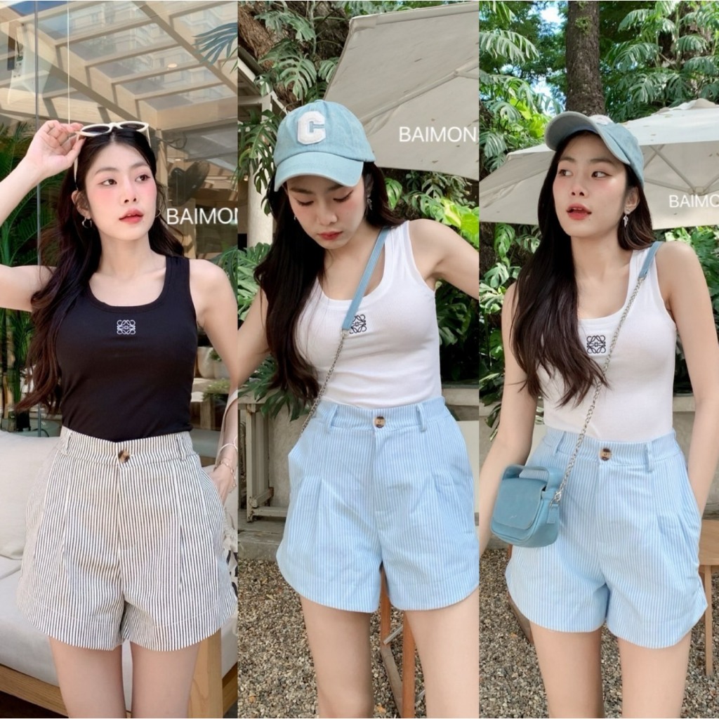 (กด 2 ชิ้น ลด 20) *ขายแยก * ชุดเซ็ทกางเกงขาสั้น กางเกงขาสั้นลายทาง เสื้อกล้ามไหมพรมงานปัก สีขาว ...