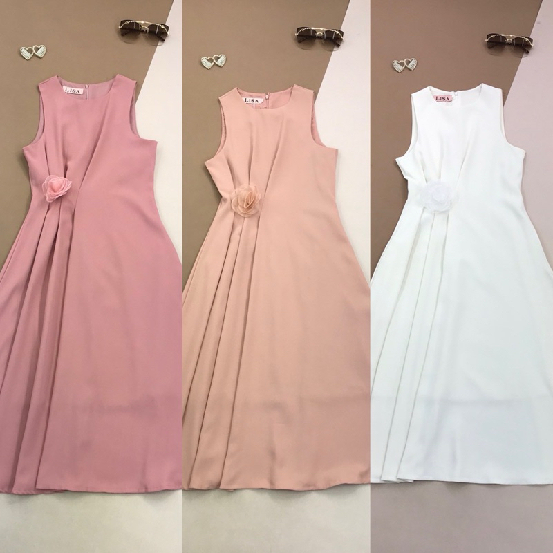 [LISA] A0936 ชุดเดรสกระโปรงยาวคอกลมแขนกุดจีบเอวดีเทลแต่งเข็มกลัดดอกไม้ ...