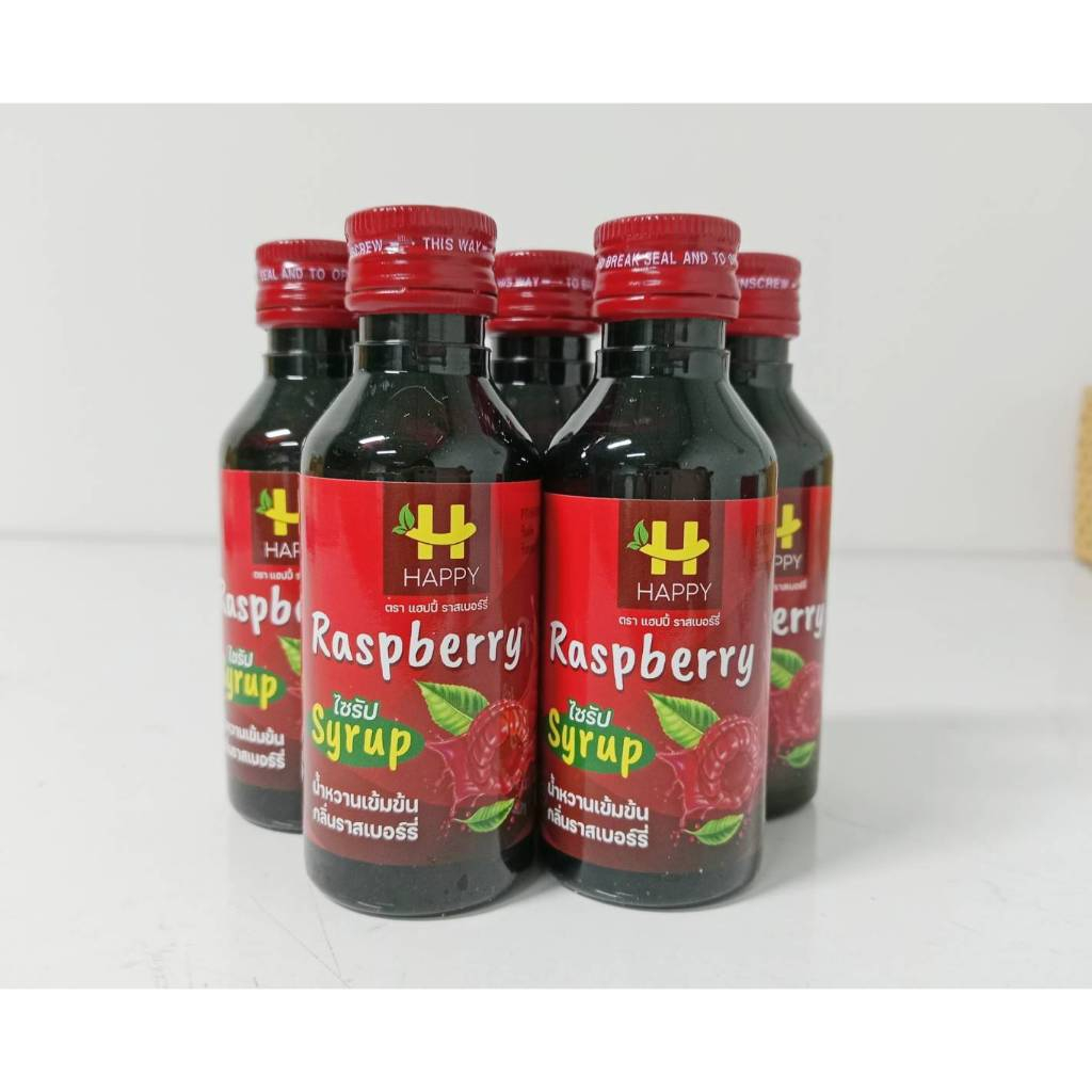 Happy Raspberry Syrup สูตรเข้มข้น กลิ่นราสเบอร์รี่ (แพ็ค 5 ขวด) ขนาด 60 ...