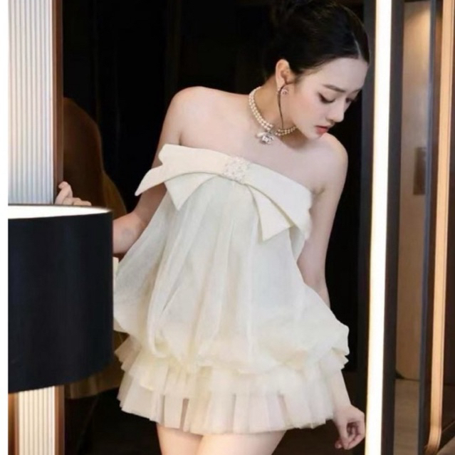 [NITTAYA] D2708 ชุดเดรสกระโปรงเกาะอกดีเทลแต่งโบร์แต่งสม็อคชายแต่งระบายซับในกางเกงสวยหรูดูแพง ...