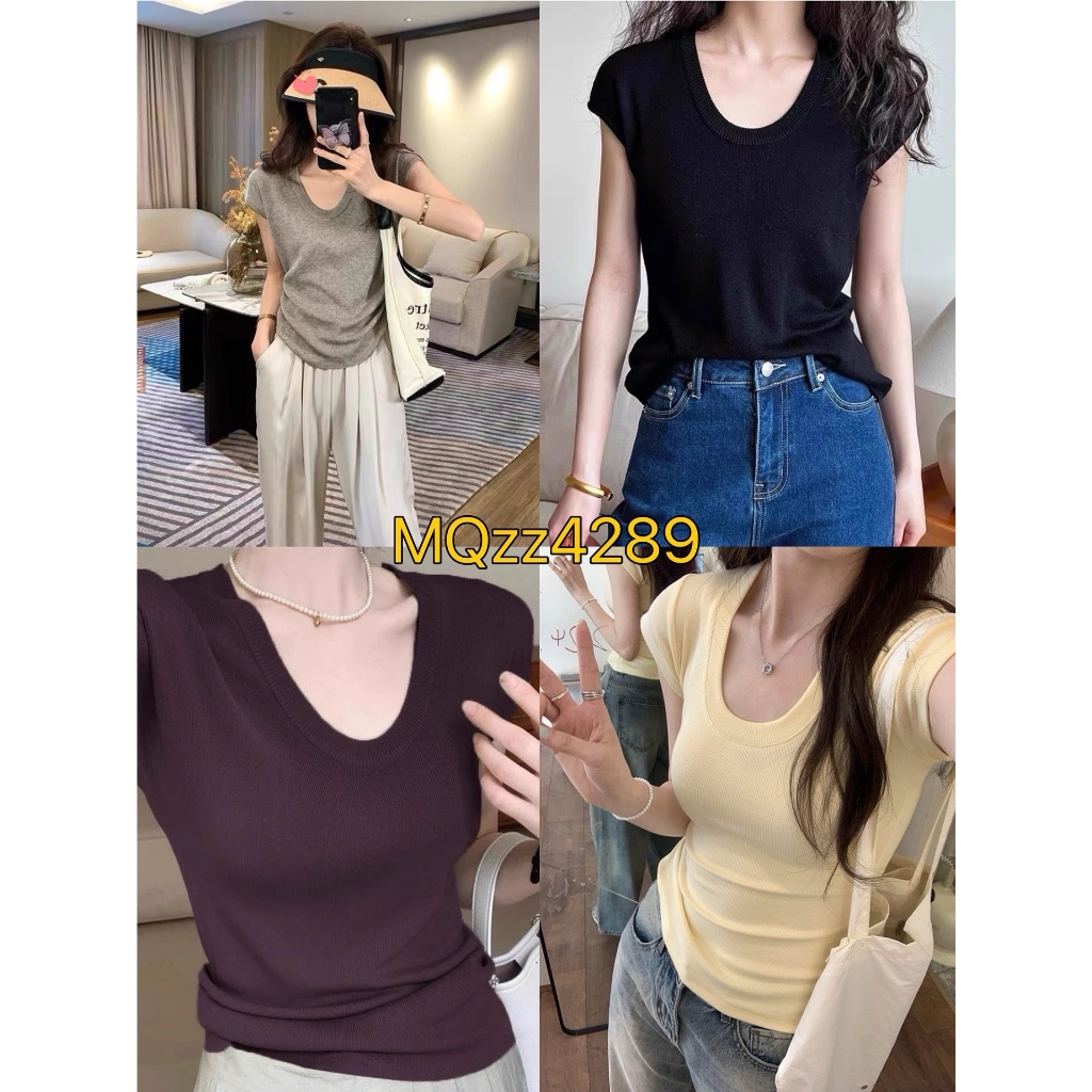 MQzz4289 (พร้อมส่ง) เสื้อยืดคอตัว U สีพื้น แมทซ์ง่าย ไม่สั้น ผ้าดี ใส่ ...