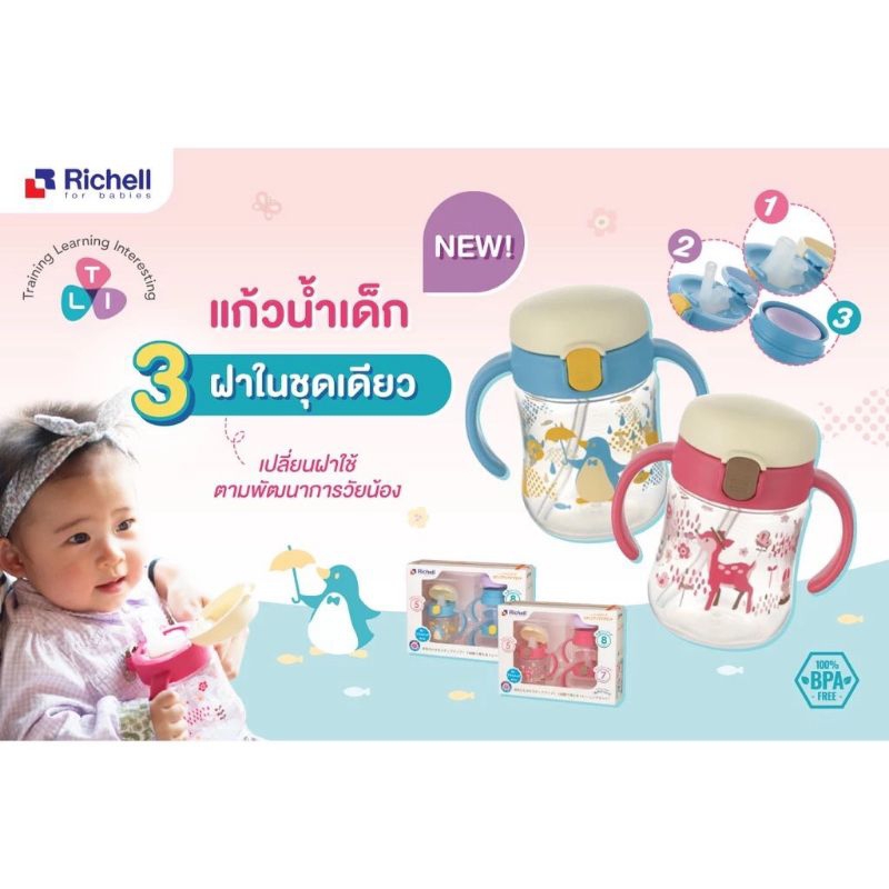Setสุดคุ้ม !! Richell TLI Step Up Baby Cup Set ริเชล ชุดเซ็ตแก้วหัดดื่มรุ่น TLI พร้อมฝาปิด 3 ...