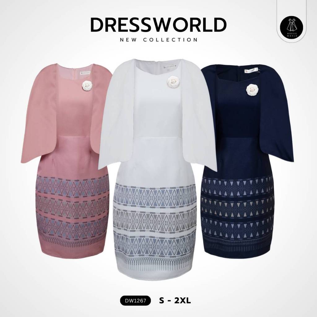 {S-2XL} 1267 งานป้าย Dress World เดรสสั้นทรงเอ ช่วงล่างลายไทย แต่งคลุมไหล่ + เข็มกลัด | Shopee ...