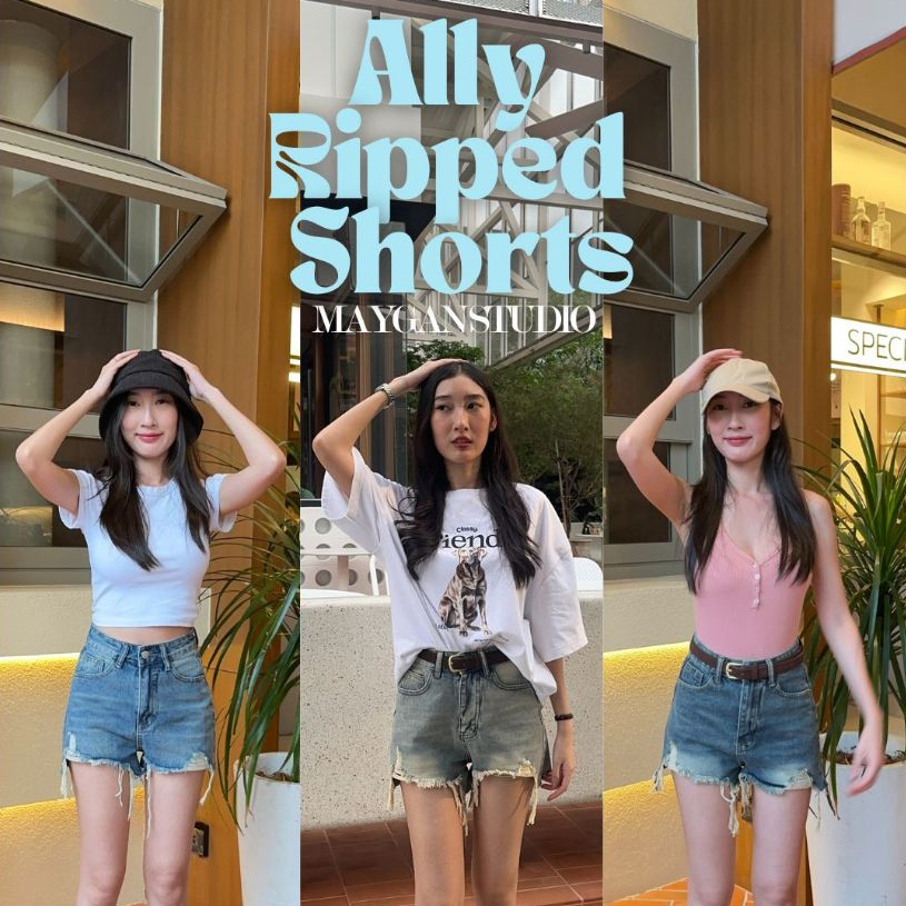 MAYGAN studio กางเกงยีนส์ขาสั้น เมแกน Ally Ripped Shorts เอวสูง ขาดรุ่ย ...