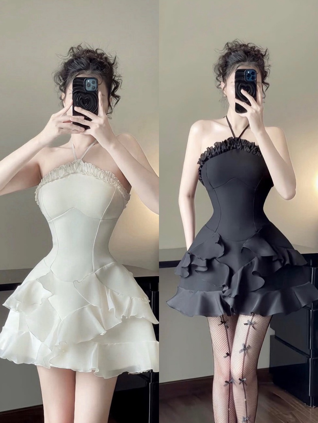 Teera ️พร้อมส่ง เดรสสั้นคอทรงสามเหลี่ยม สายผูกคอ แต่งระบายทั้งช่วงอกและช่วงกระโปรง งานมีซับใน ...